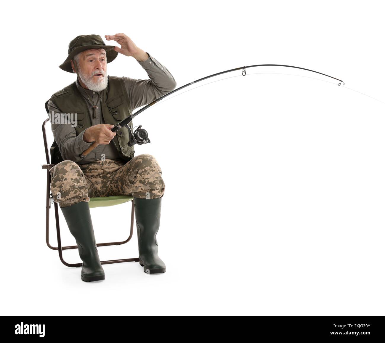 Fisherman with rod on fishing chair against white background Stock ...