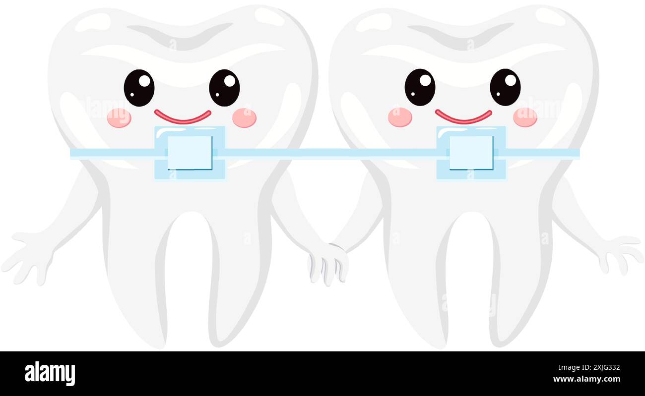 Two cartoon teeth with braces for pediatric dentistry. Straightening ...