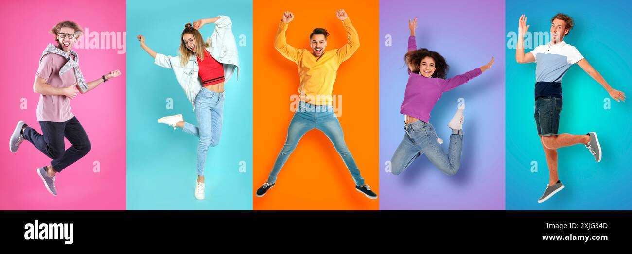 Happy men and women jumping on different colors backgrounds, collage ...