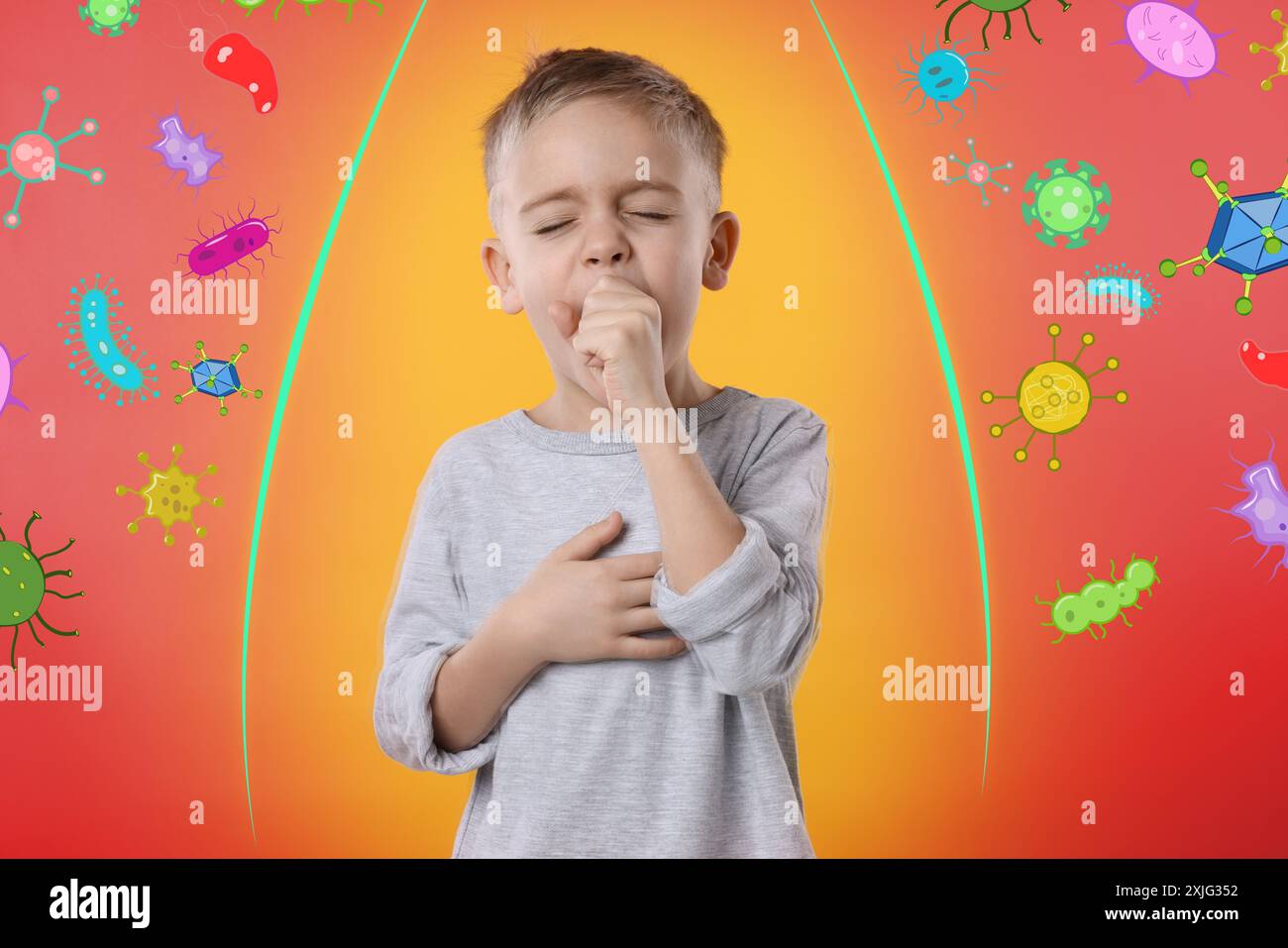 Little boy coughing on color background. Immunity system fighting with ...