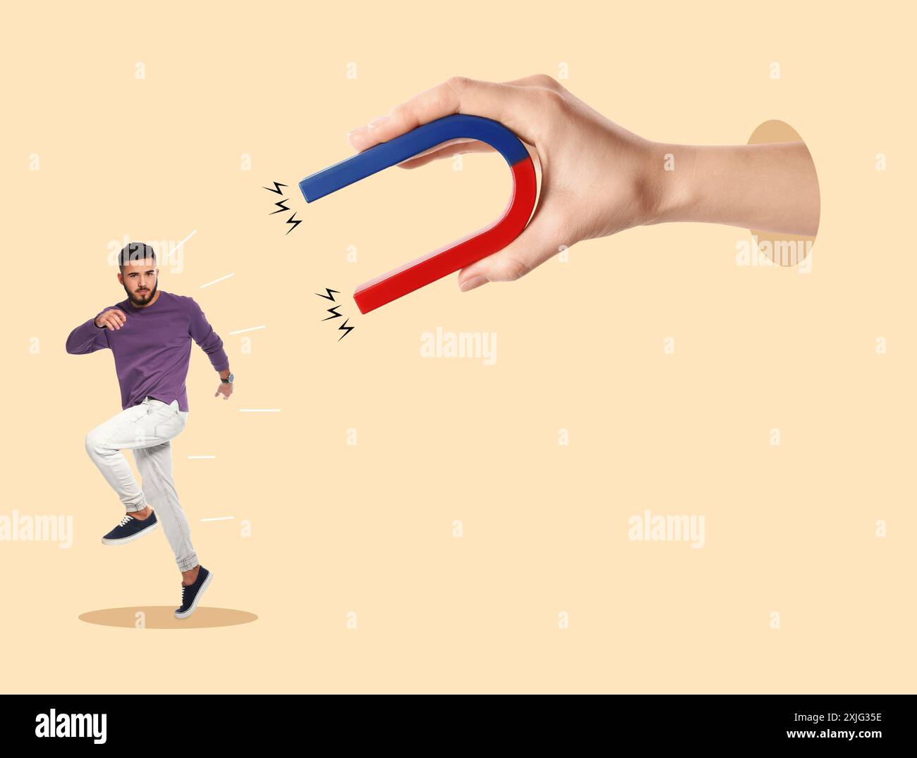 Woman attracting man with magnet on beige background. Creative collage ...