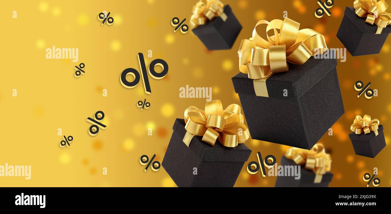 Gift boxes in air and percent signs on golden background, banner design ...