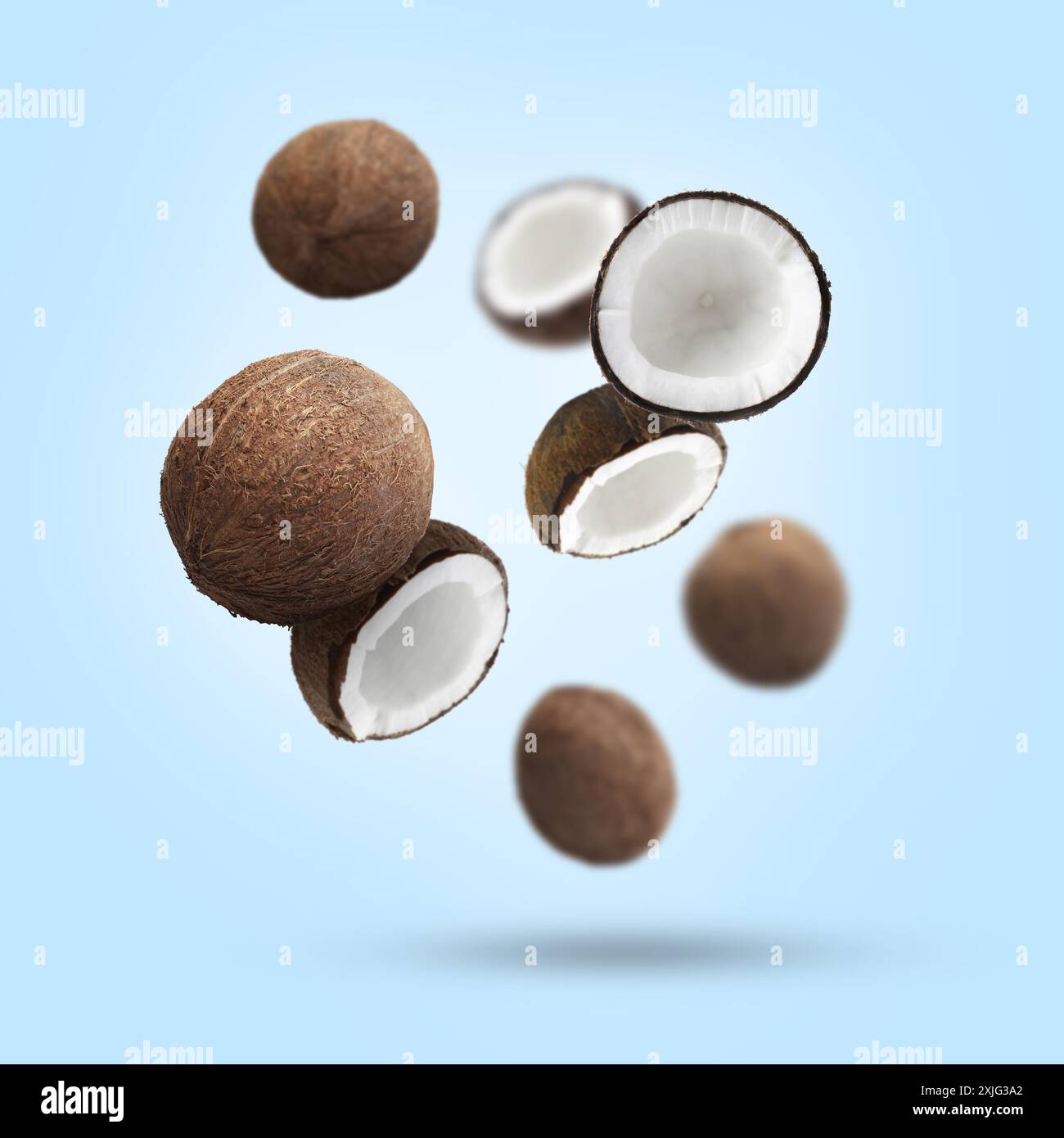 Many coconuts in air on light blue background Stock Photo - Alamy