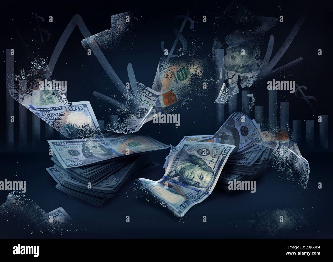 Money vanishing, graphs and dollar signs on dark background. Financial ...