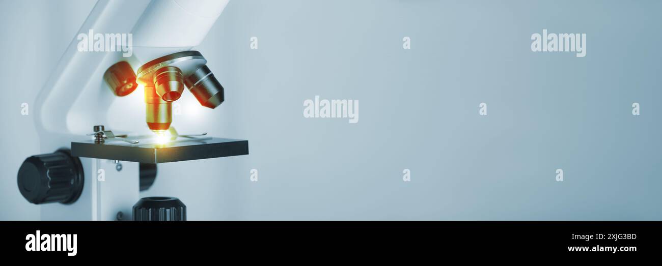Microscope on color background, closeup. Banner design with space for ...