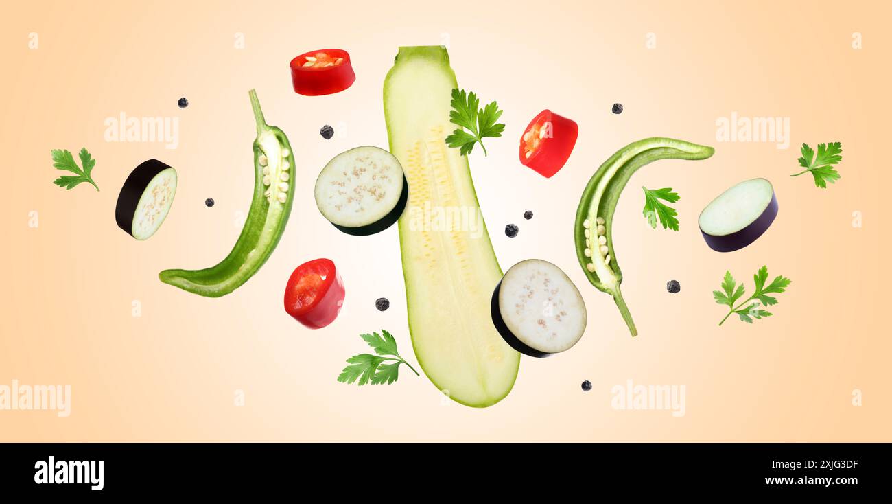 Different vegetables in air on beige background, banner design Stock ...