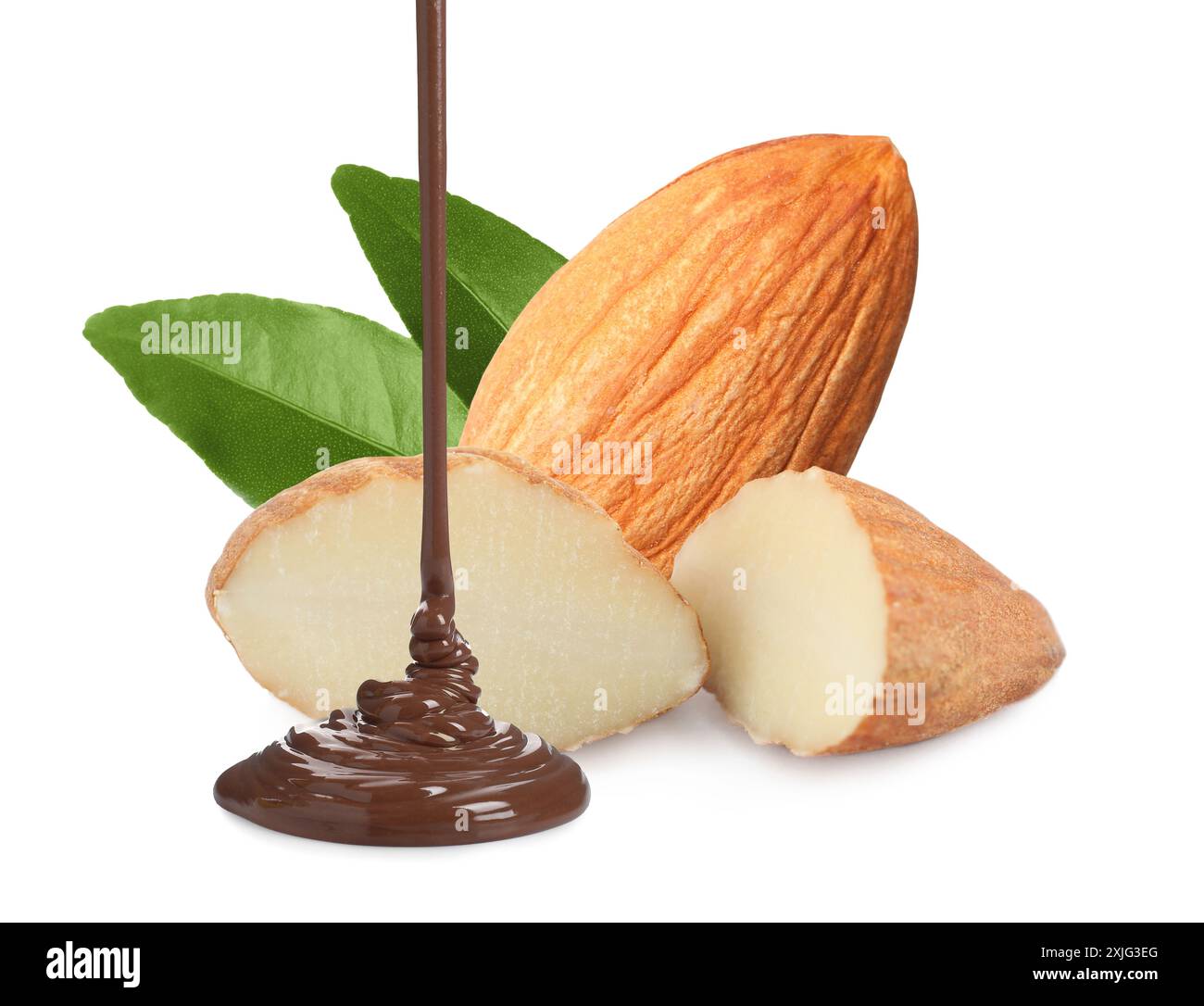 Pouring sweet chocolate onto almonds against white background Stock ...