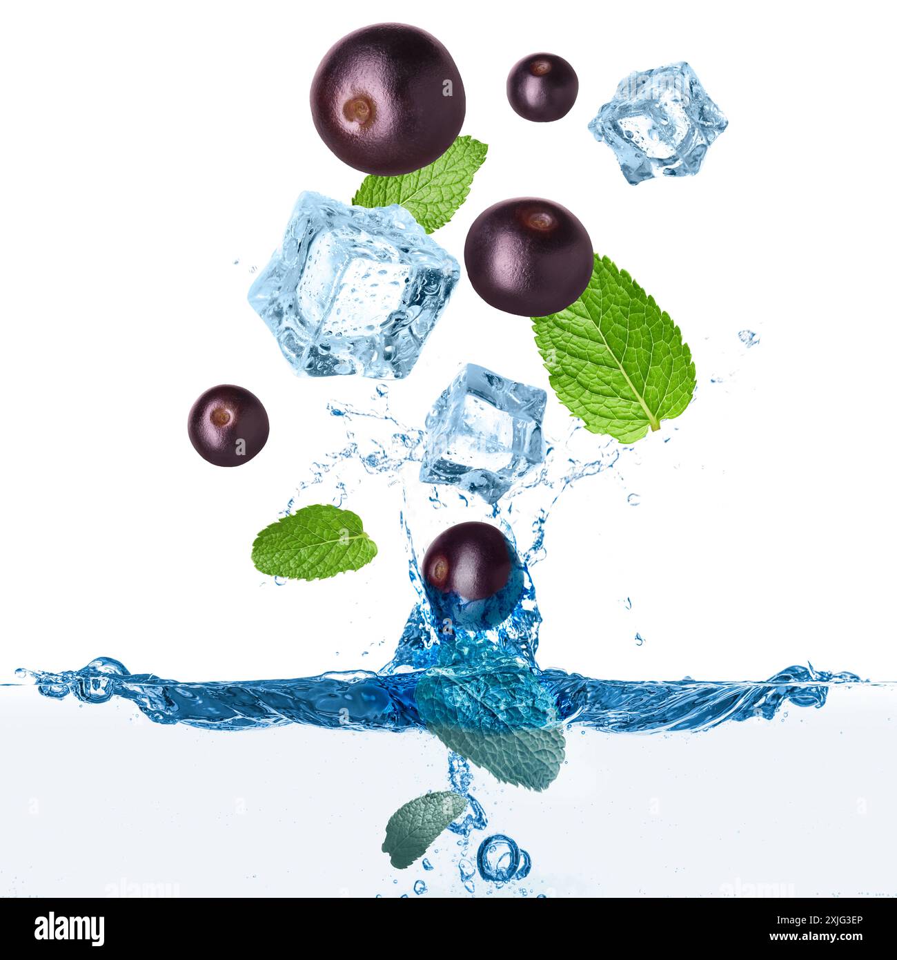 Acai berries, mint leaves and ice cubes falling into water on white ...