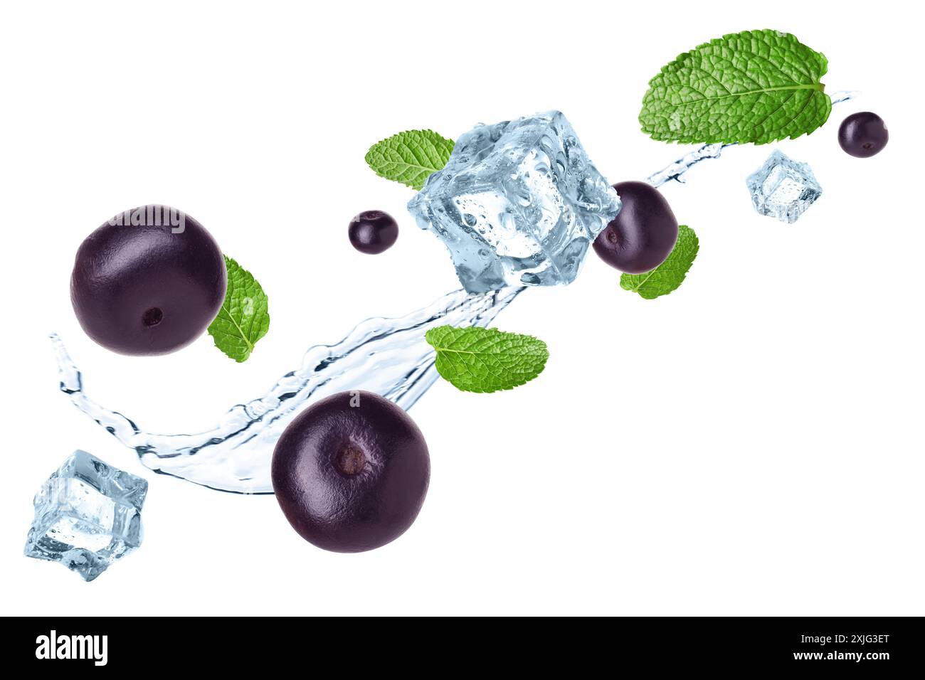 Acai berries, mint leaves, ice cubes and splash of water in air on ...