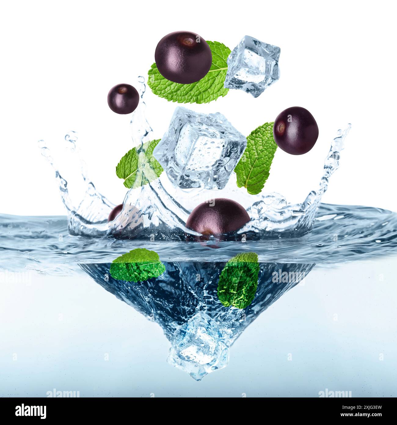 Acai berries, mint leaves and ice cubes falling into water on white ...