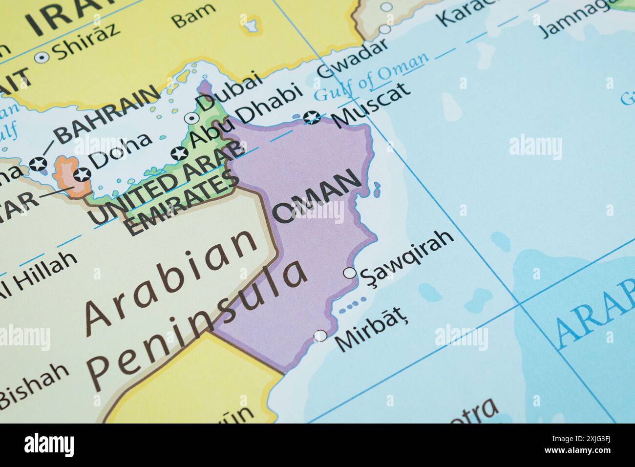 Close up to a Oman political map with country frontiers and most ...