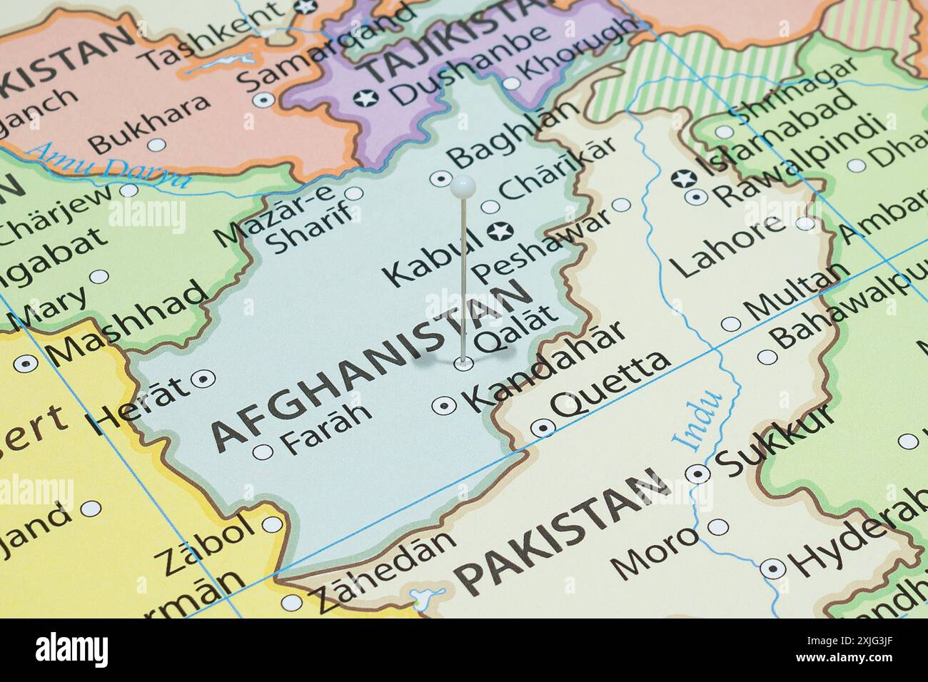 Close up to a Qalat city with a white pin needle into Afghanistan ...