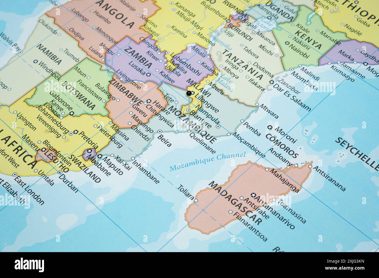 Close up to a Quelimane city with a black pin needle into Mozambique ...