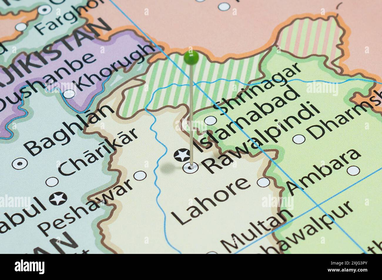 Close up to a Rawalpindi city with a green pin needle into Pakistan ...