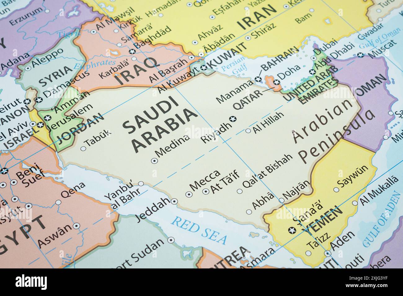Close up to a Saudi Arabia political map with country frontiers and ...