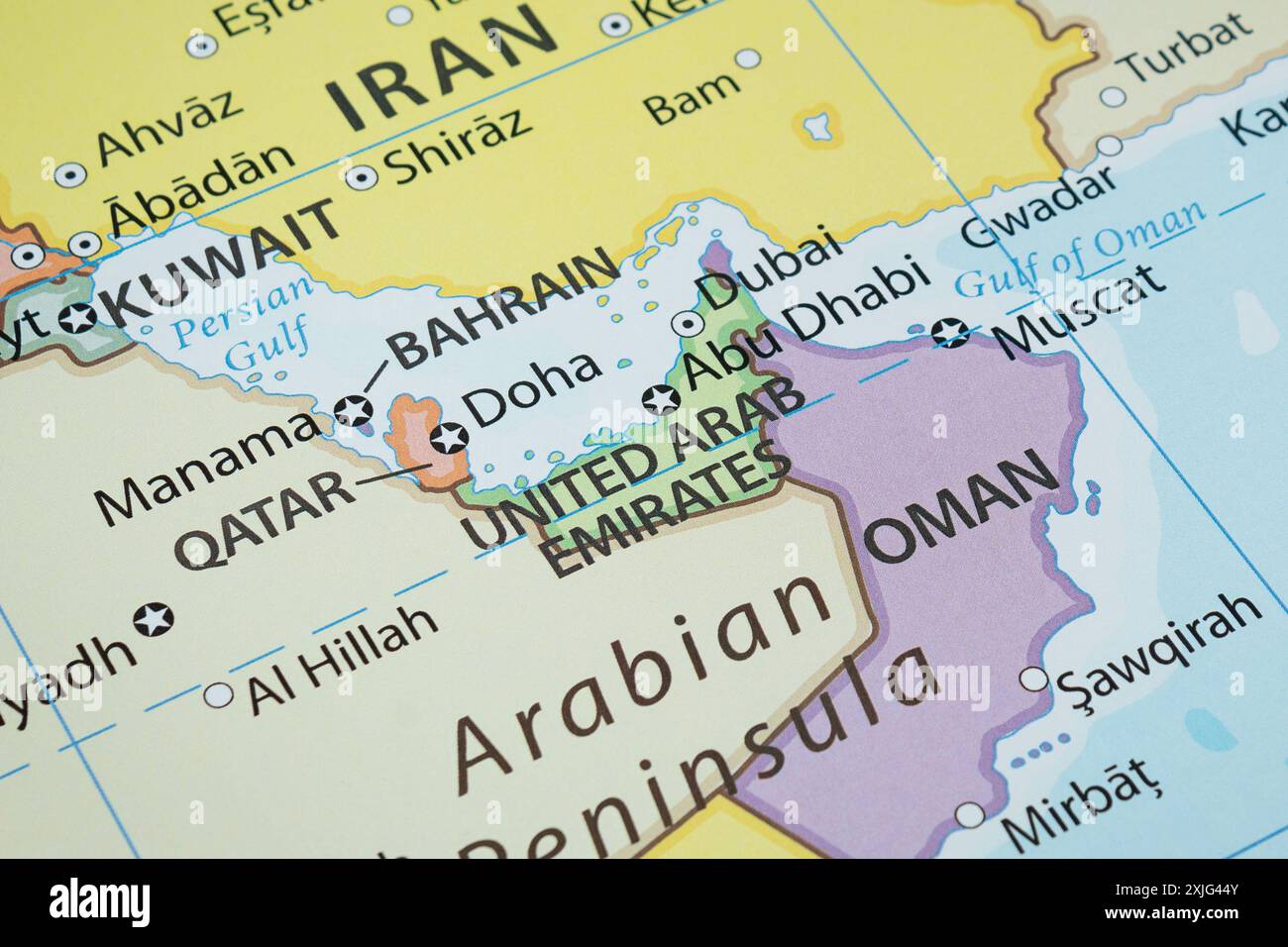 Close up to a United Arab Emirates political map with country frontiers ...