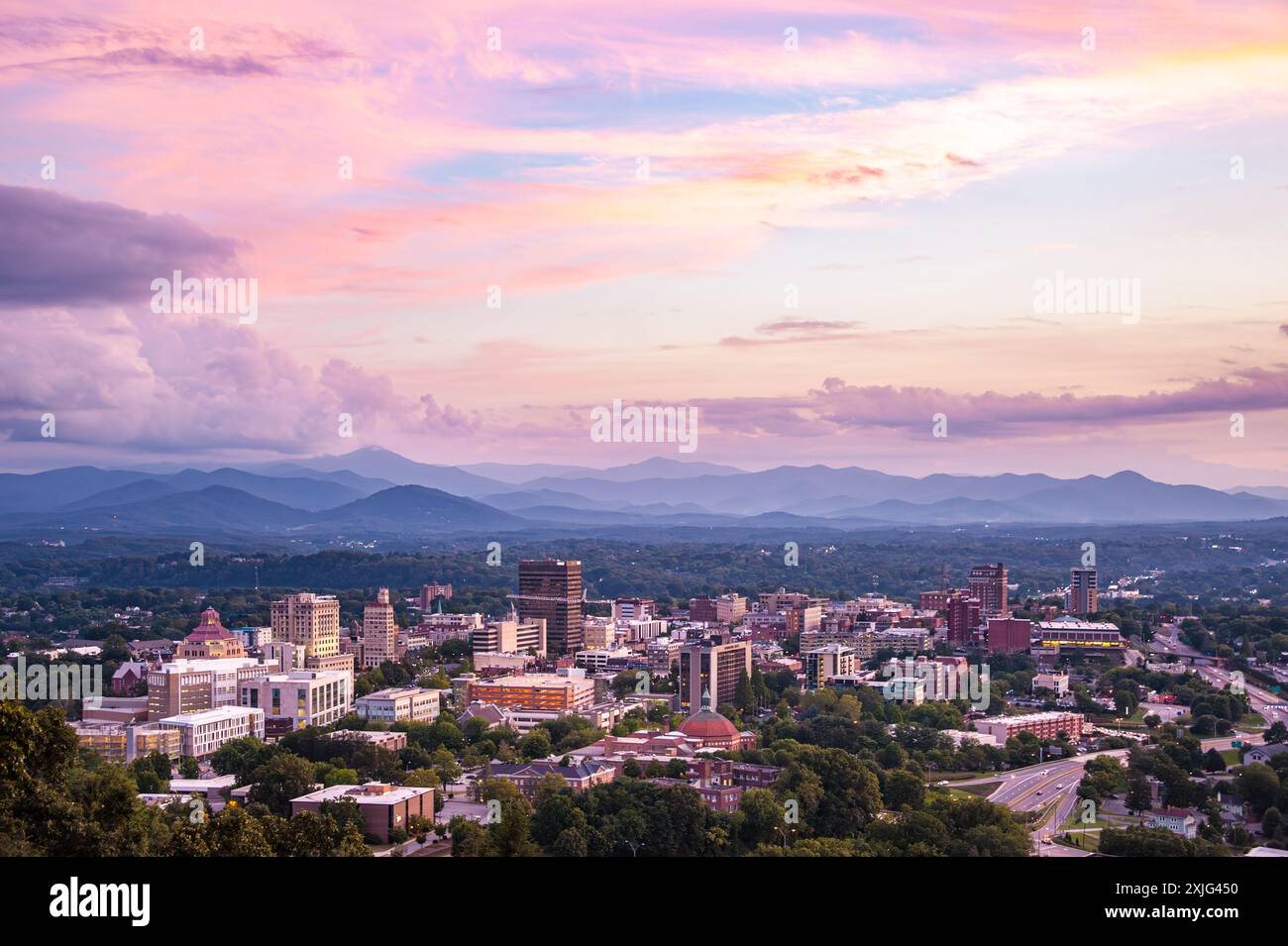 Colorful aerial view at dusk of downtown Asheville, North Carolina, in ...