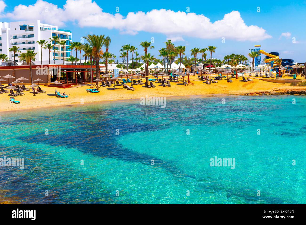 Topical sandy beach with palm trees in Ayia Napa from Cyprus. Sea water ...