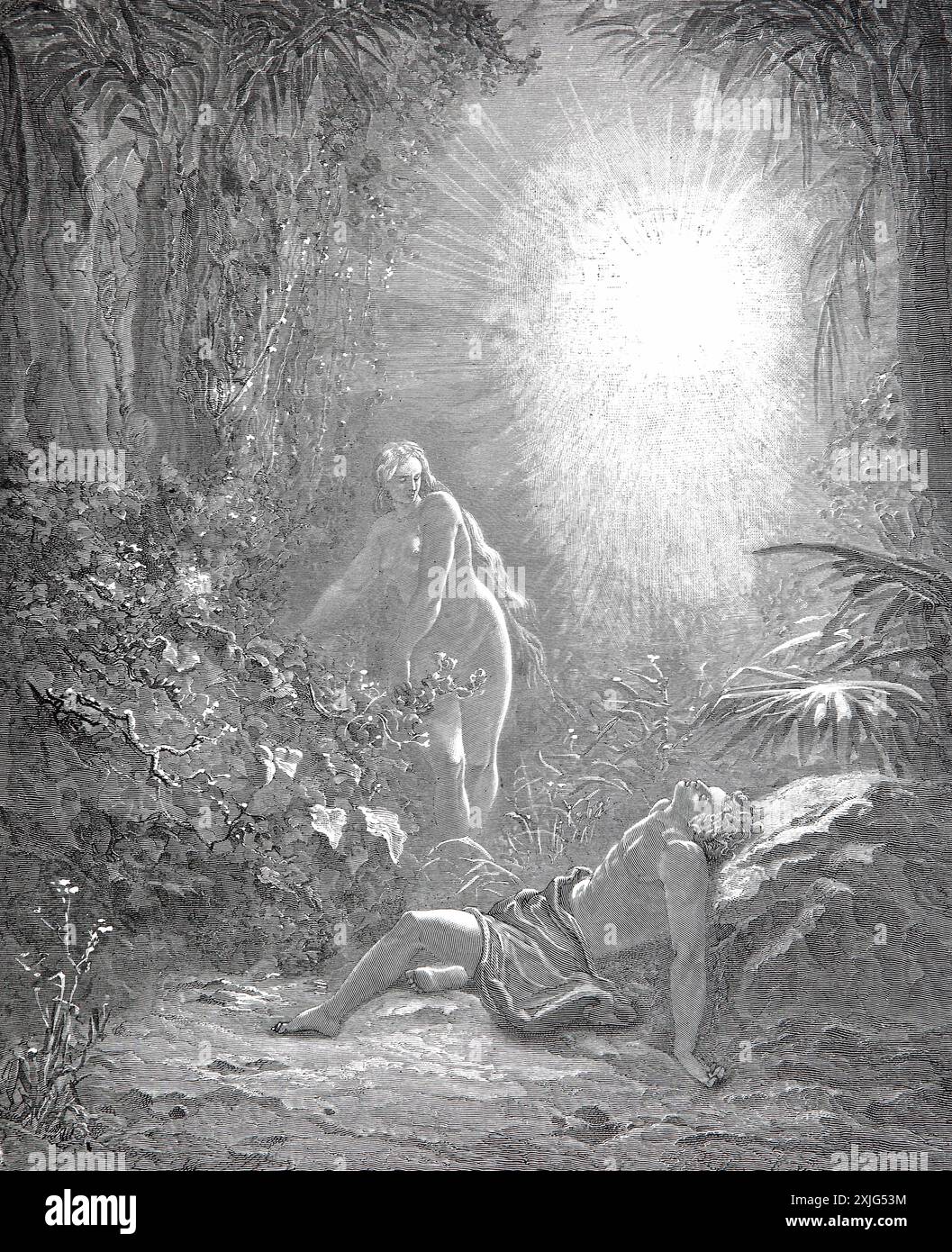 Wood Engraving of the Formation of Eve Genesis 2:22 The Lord caused a ...