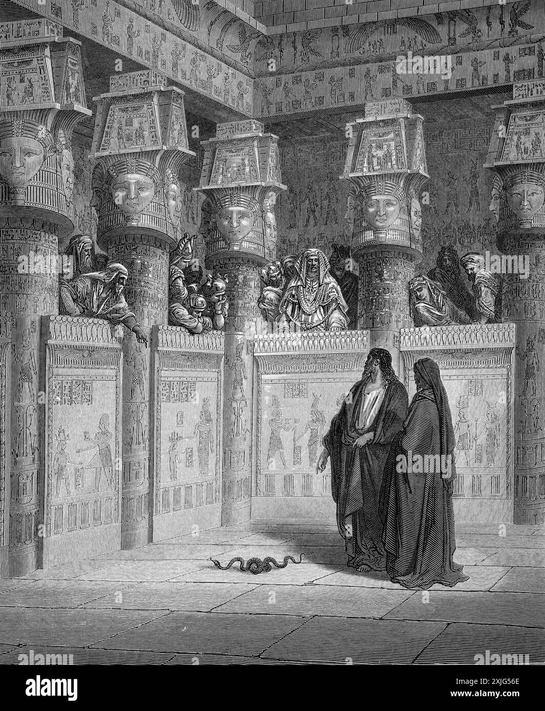 Wood Engraving of Moses and Aaron before the Pharaoh - the Lord says to ...