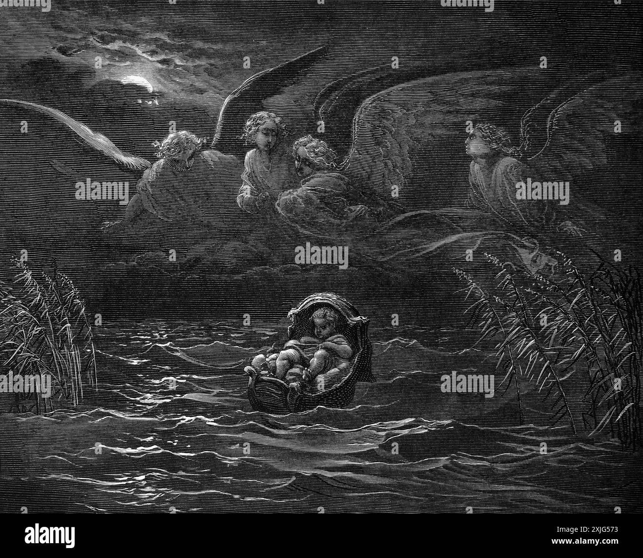Wood Engraving of the Child Moses on the River Nile with Angels Looking ...