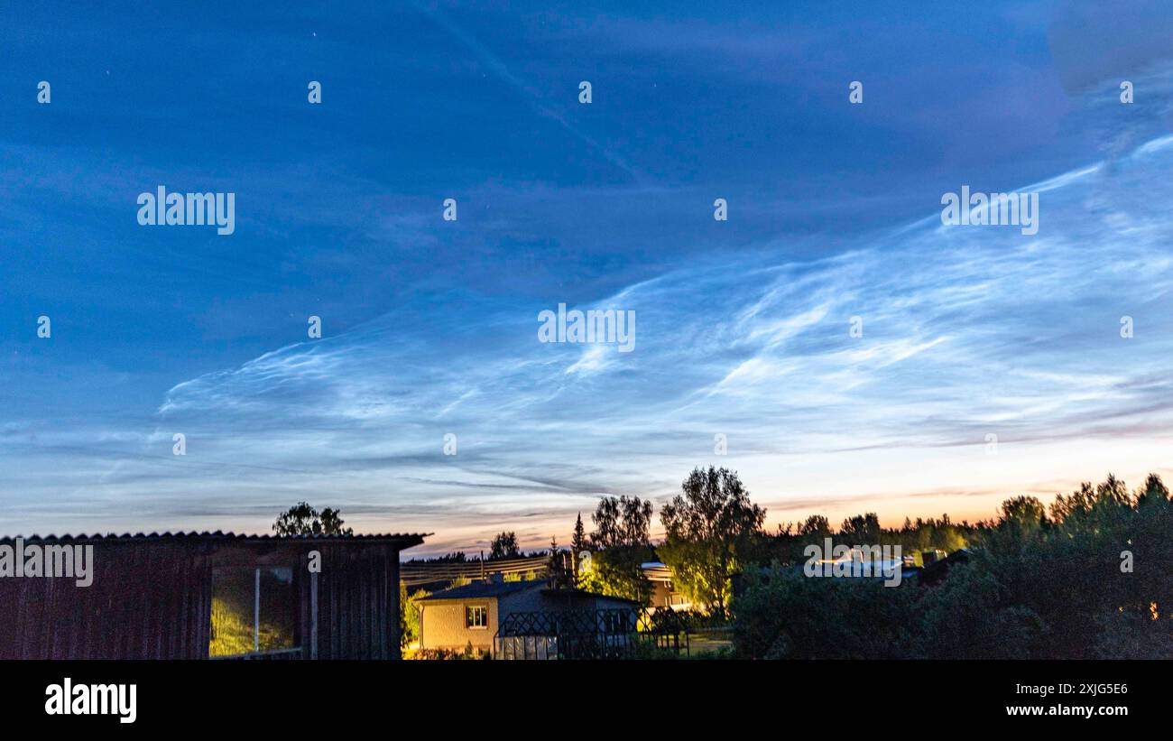 charming night landscape with silver clouds, mesospheric clouds, window ...