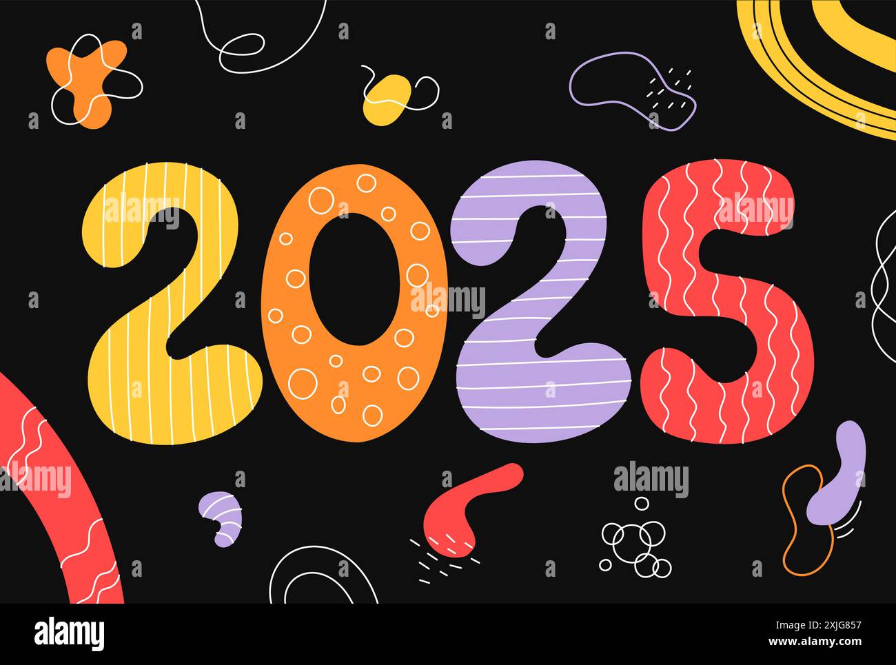 2025 New Year fun design. Creative hand drawn numbers 2025 colorful on ...