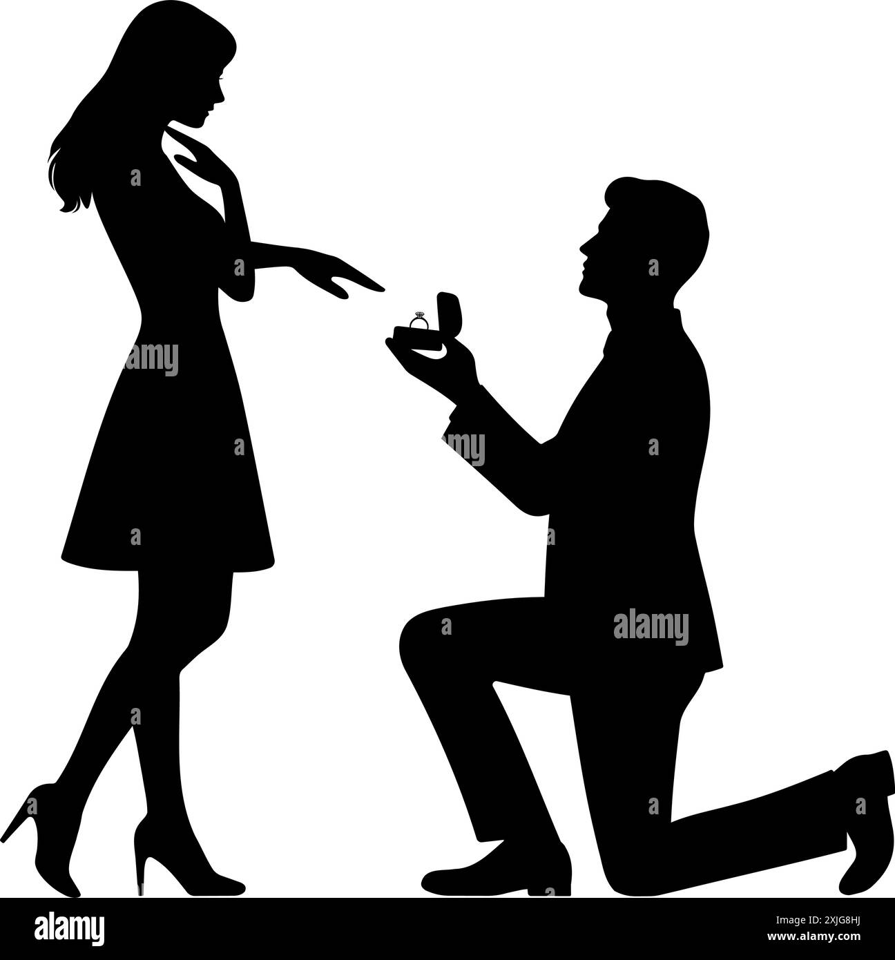 Silhouette of a man on one knee in a marriage proposal to a woman ...