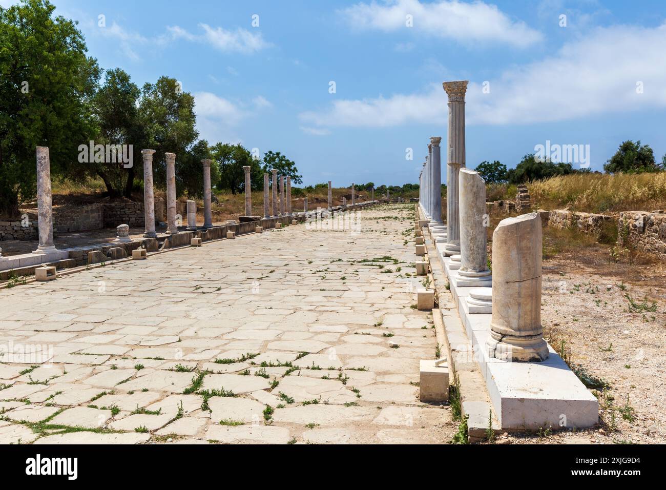 Old Roman road with columns in the ancient town Side in Manavgat in ...