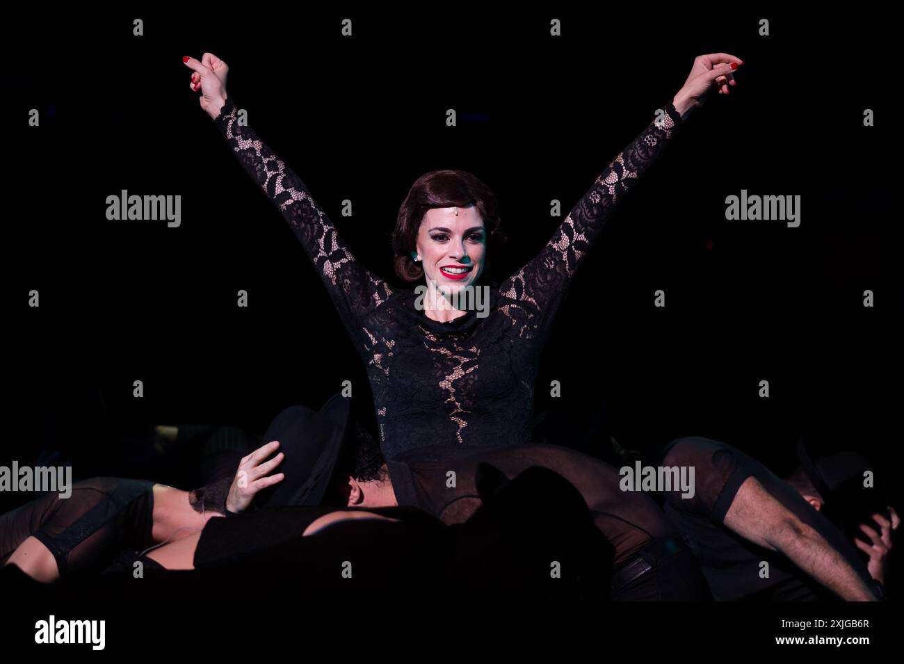 Malaga, Spain. 18th July, 2024. Cast members of the Broadway musical ...