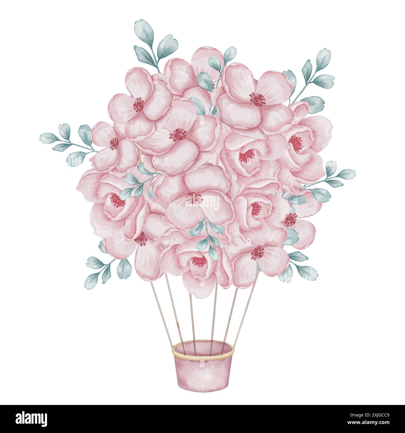 Floral hot air Balloon with pink flowers and basket. Watercolor ...