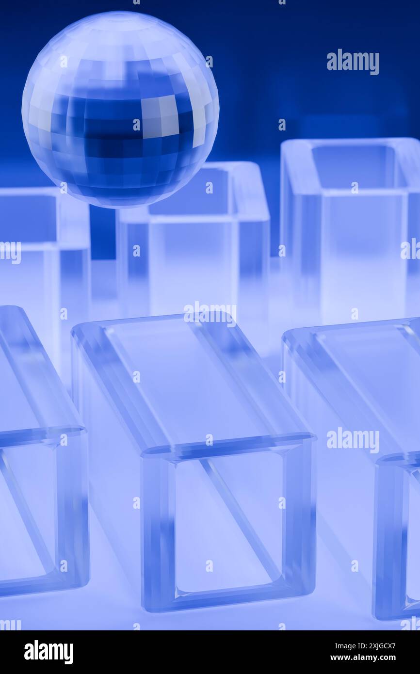A glass sphere above transparent rectangular blocks on a blue ...