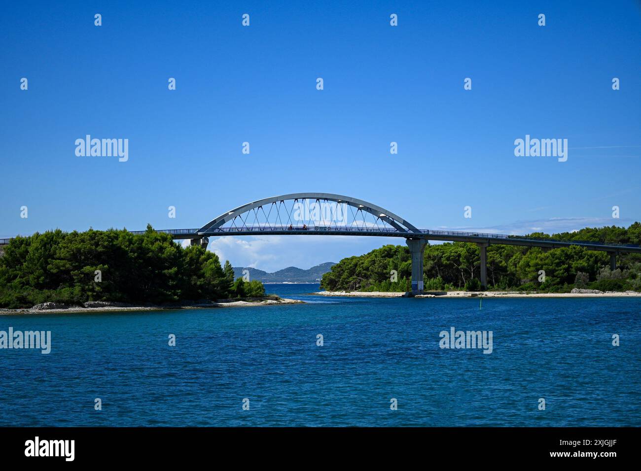 Modern bridge connecting two islands with lush green vegetation on a ...