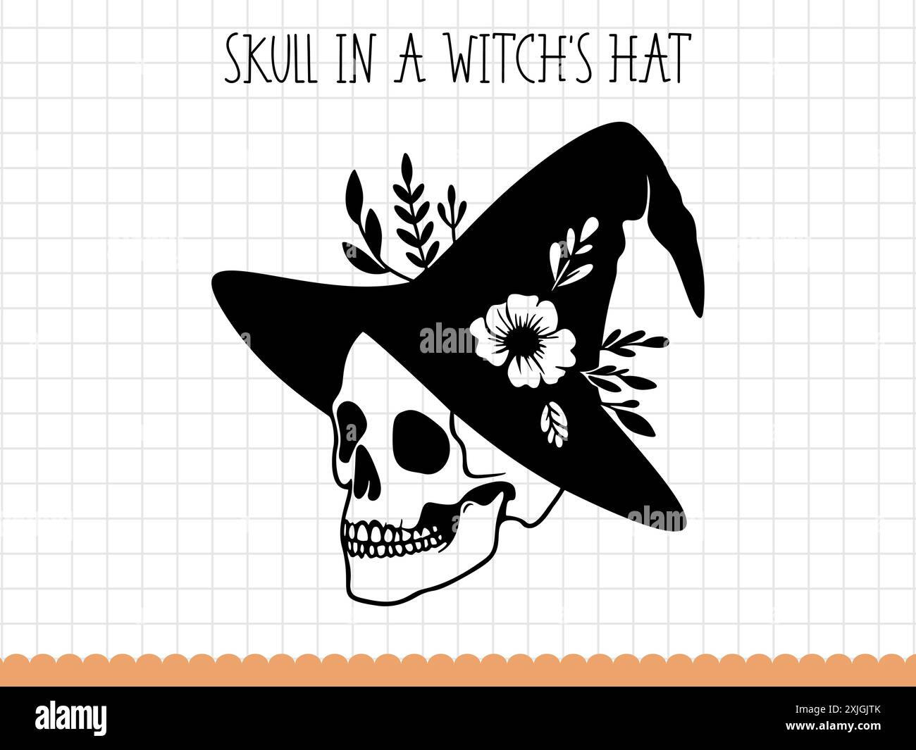 Hand drawn skull in witches hat, Halloween vector illustartion Stock ...