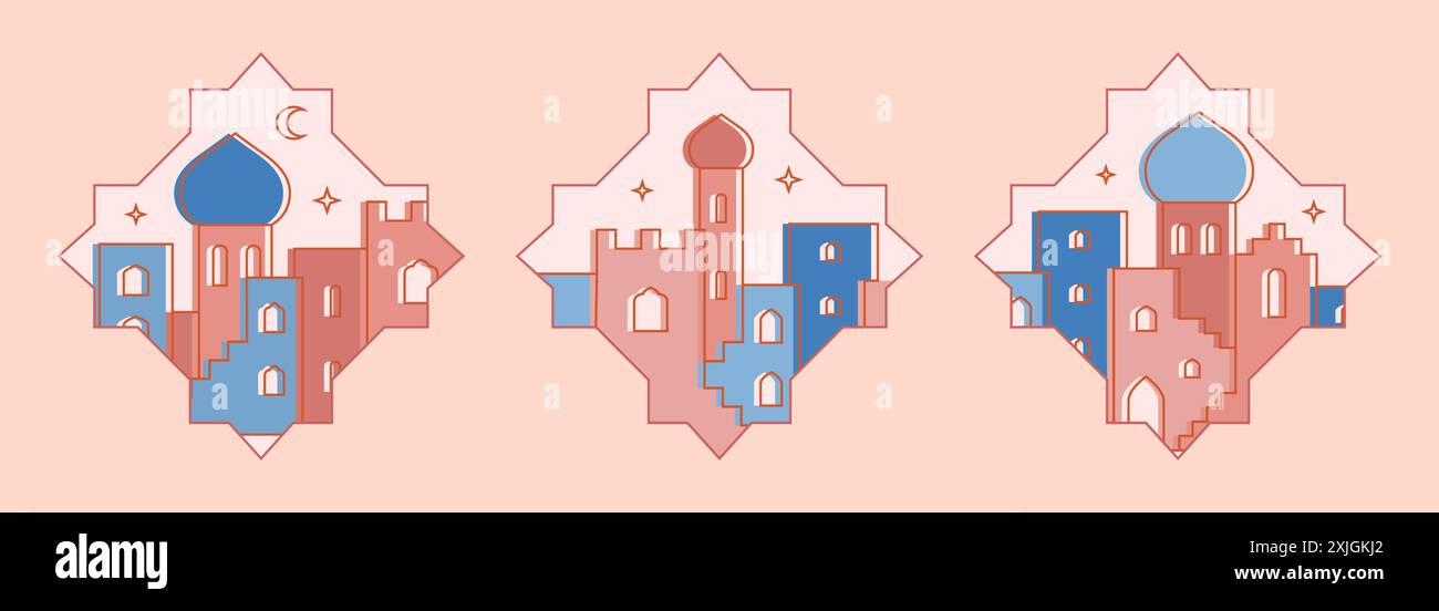 Arabic city landscape from arches, windows. Abstract muslim moroccan ...