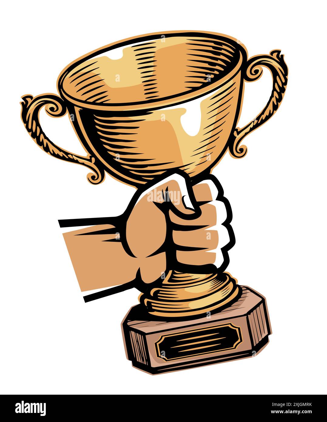 Hand with trophy. Champion golden cup for winner. Vector illustration ...