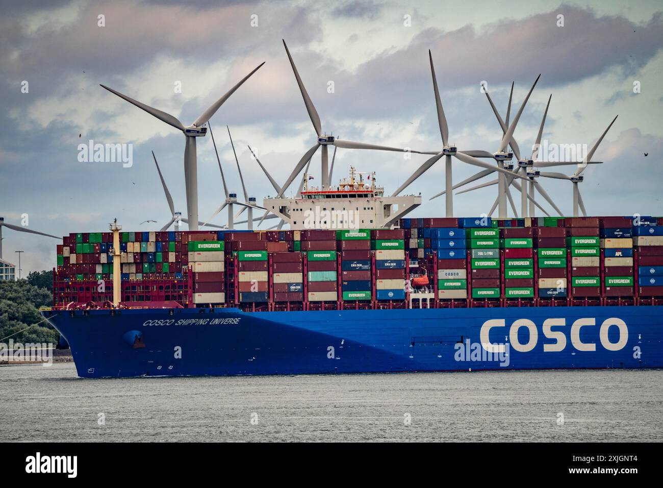 Entrance to the seaport of Rotterdam, Cosco Shopping Universe container ...