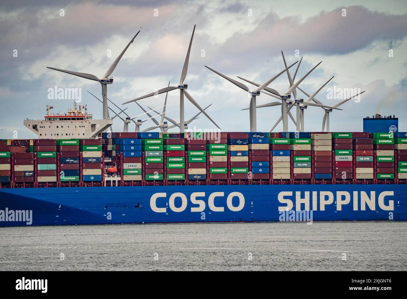 Entrance to the seaport of Rotterdam, Cosco Shopping Universe container ...