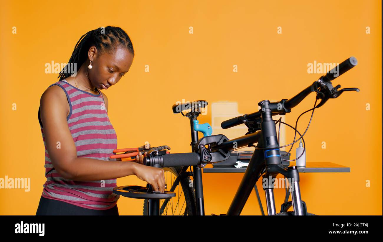 African american mechanic preparing work tools before starting ...