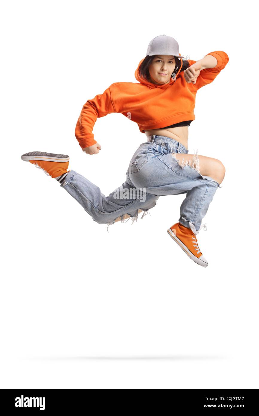 Female street dancer jumping isolated on white background Stock Photo ...