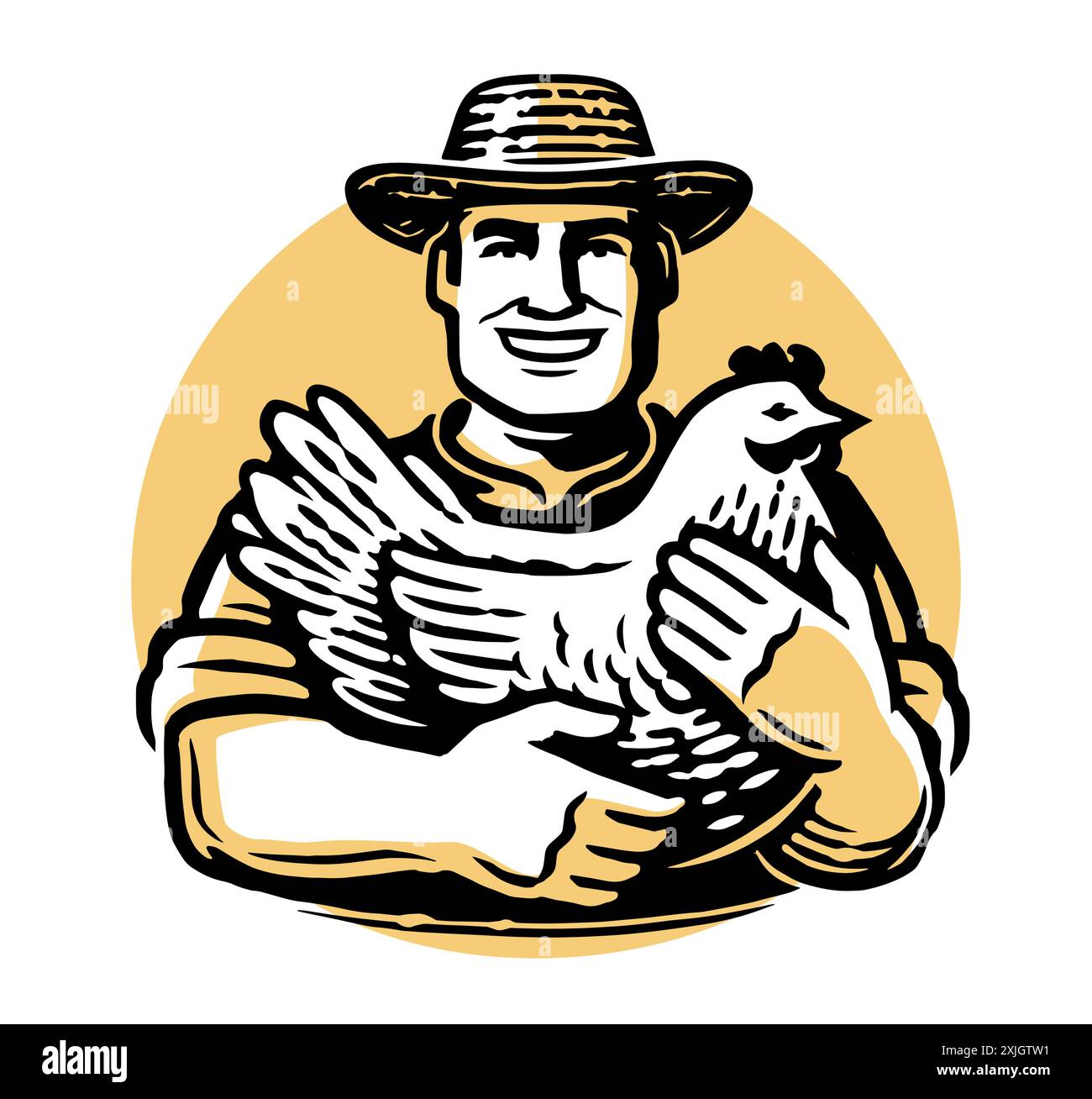 Farm chicken and farmer emblem. Poultry farm logo. Vector illustration ...