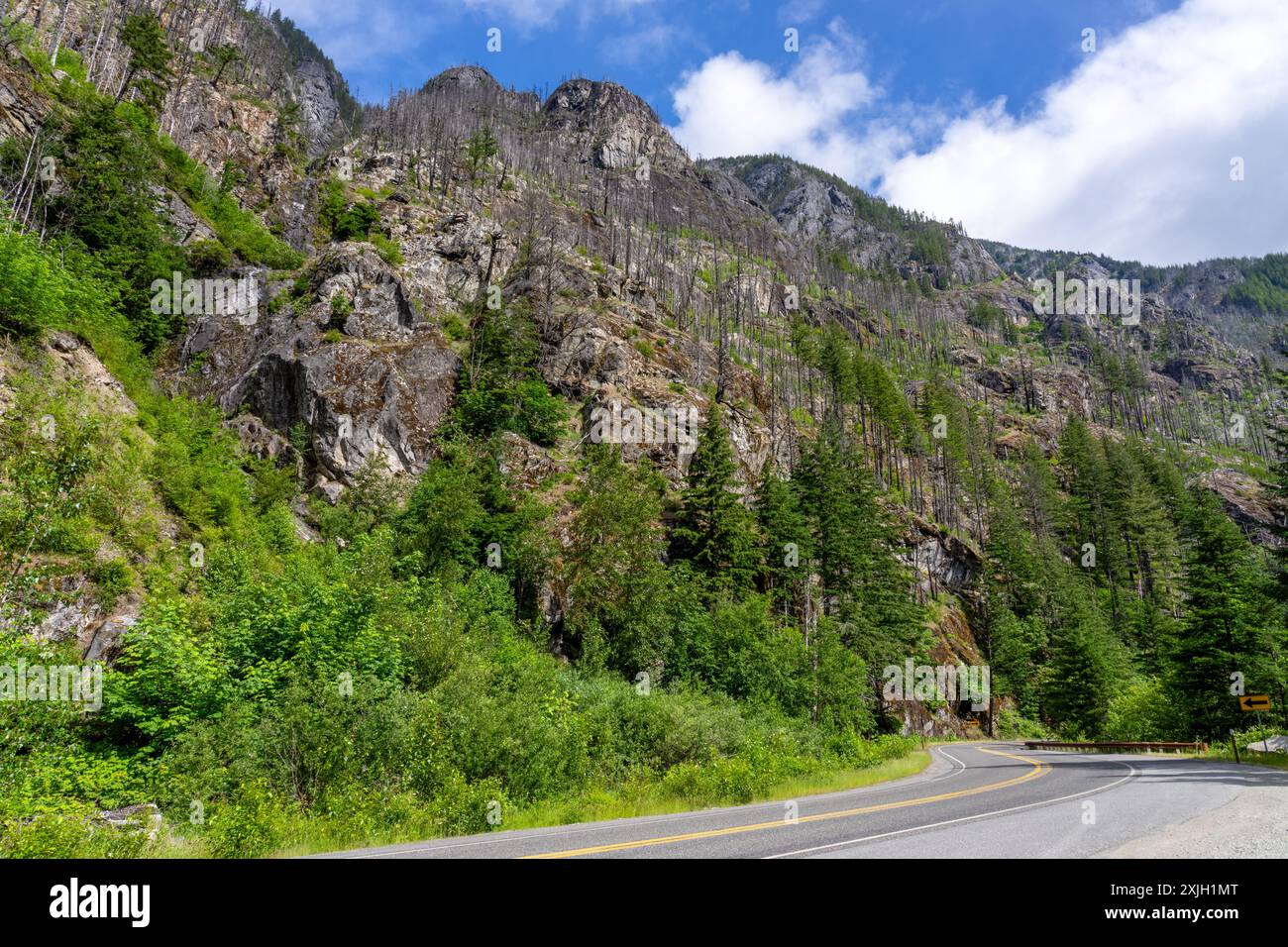 Route 20 between Newhalem and Diablo, Washington, USA. Steep mountain ...
