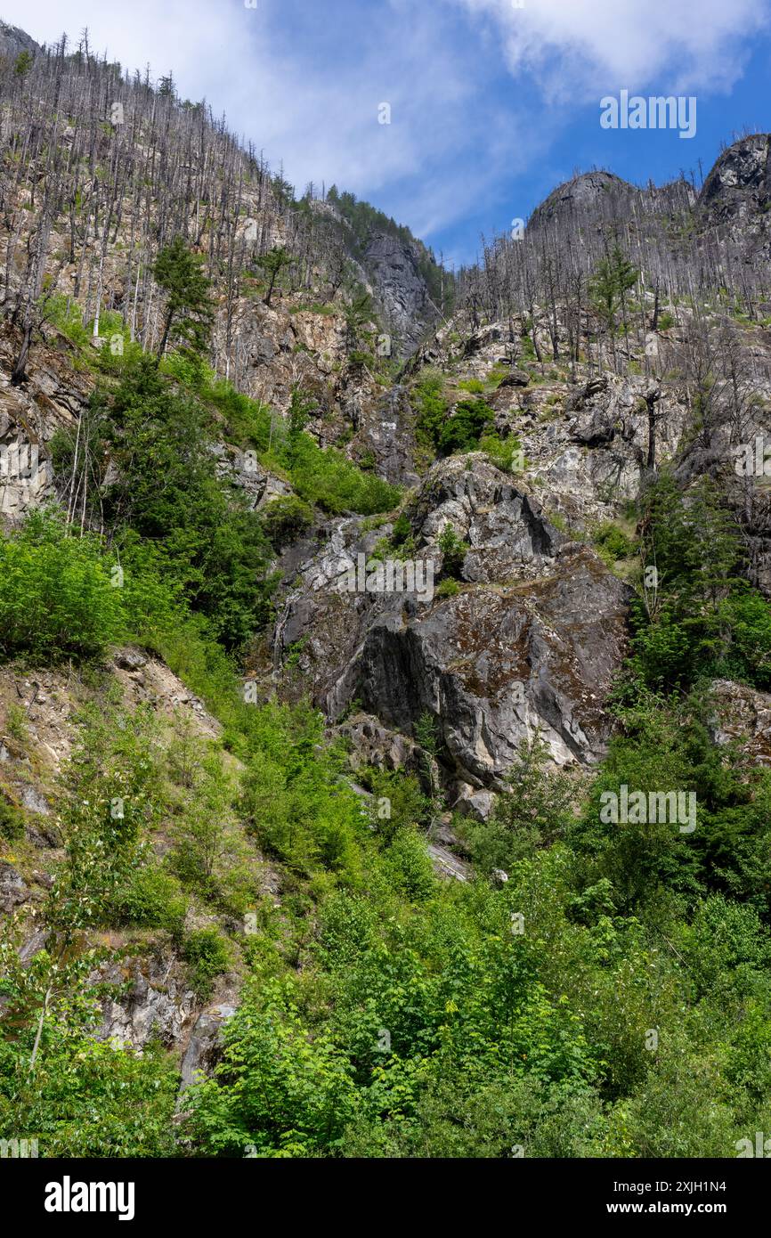 Route 20 between Newhalem and Diablo, Washington, USA. Steep mountain ...
