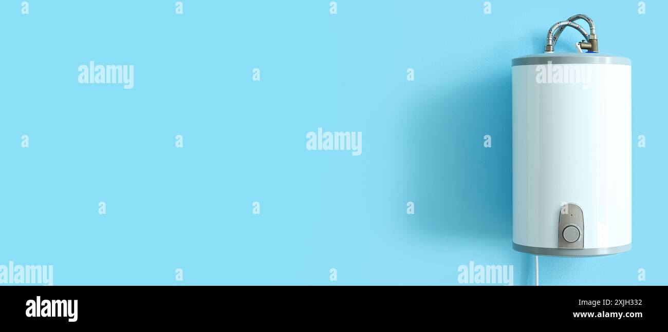 Modern electric boiler on light blue background with space for text ...