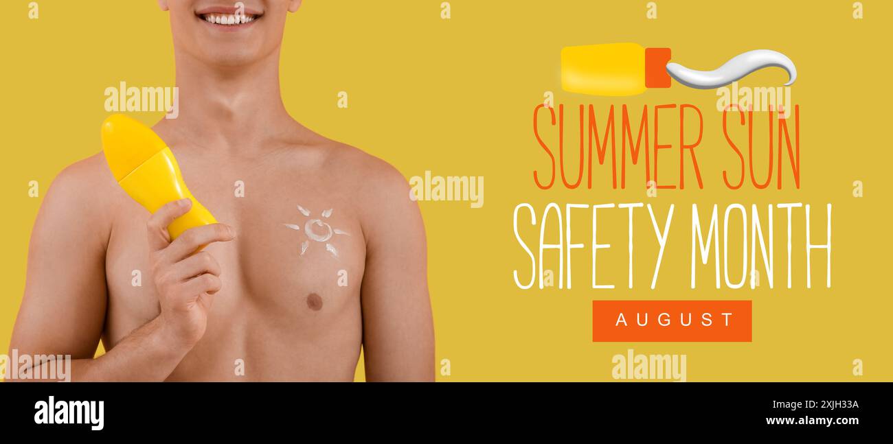Banner for Summer Sun Safety Month with young man with bottle of ...