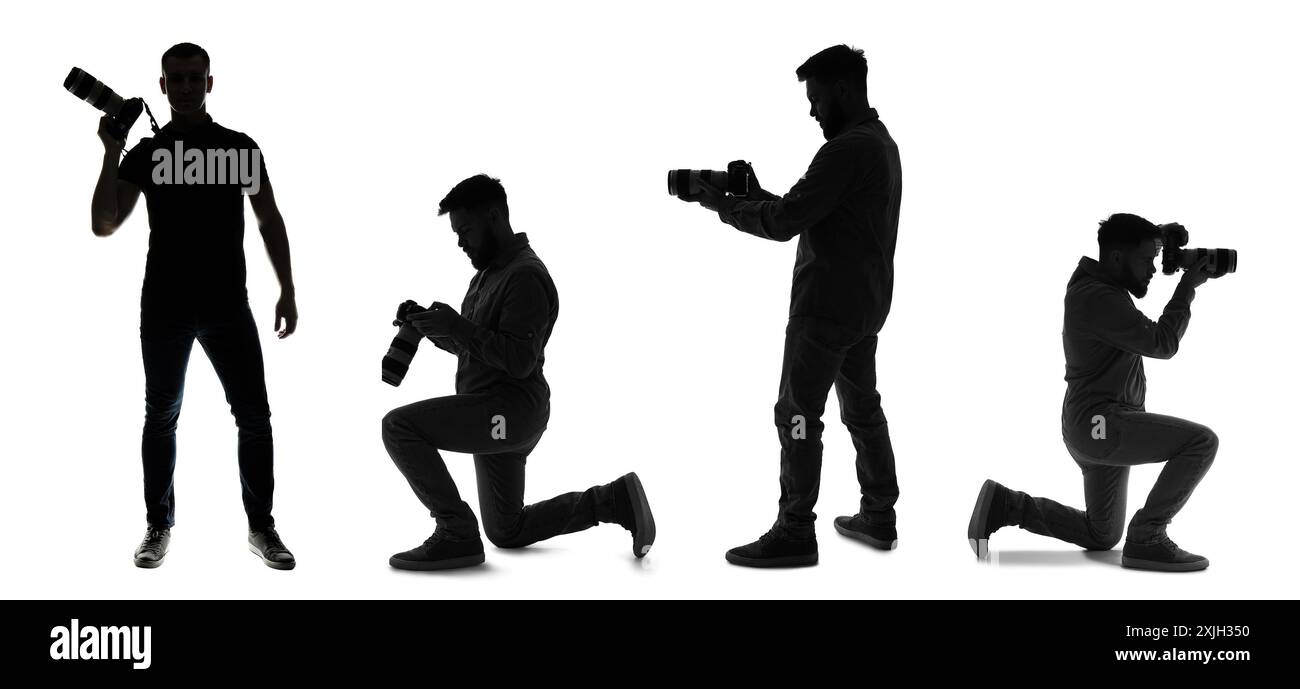 Collage of silhouettes of male photographers with camera on white ...