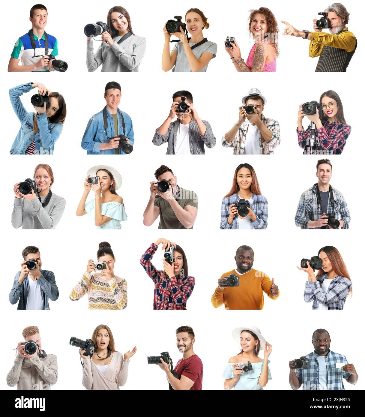 Collection of different people with photo cameras on white background ...