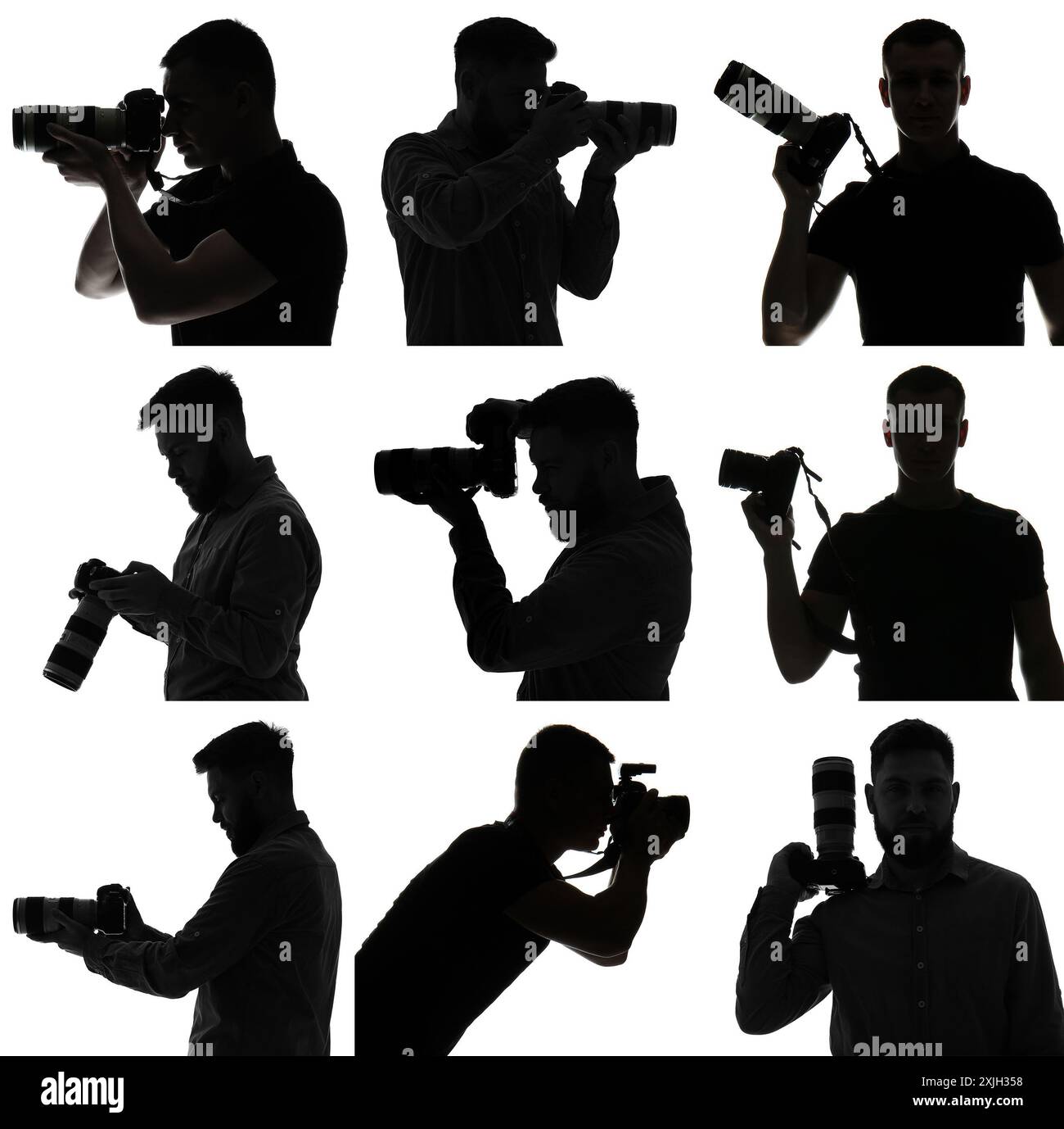 Collage of silhouettes of male photographers with camera on white ...