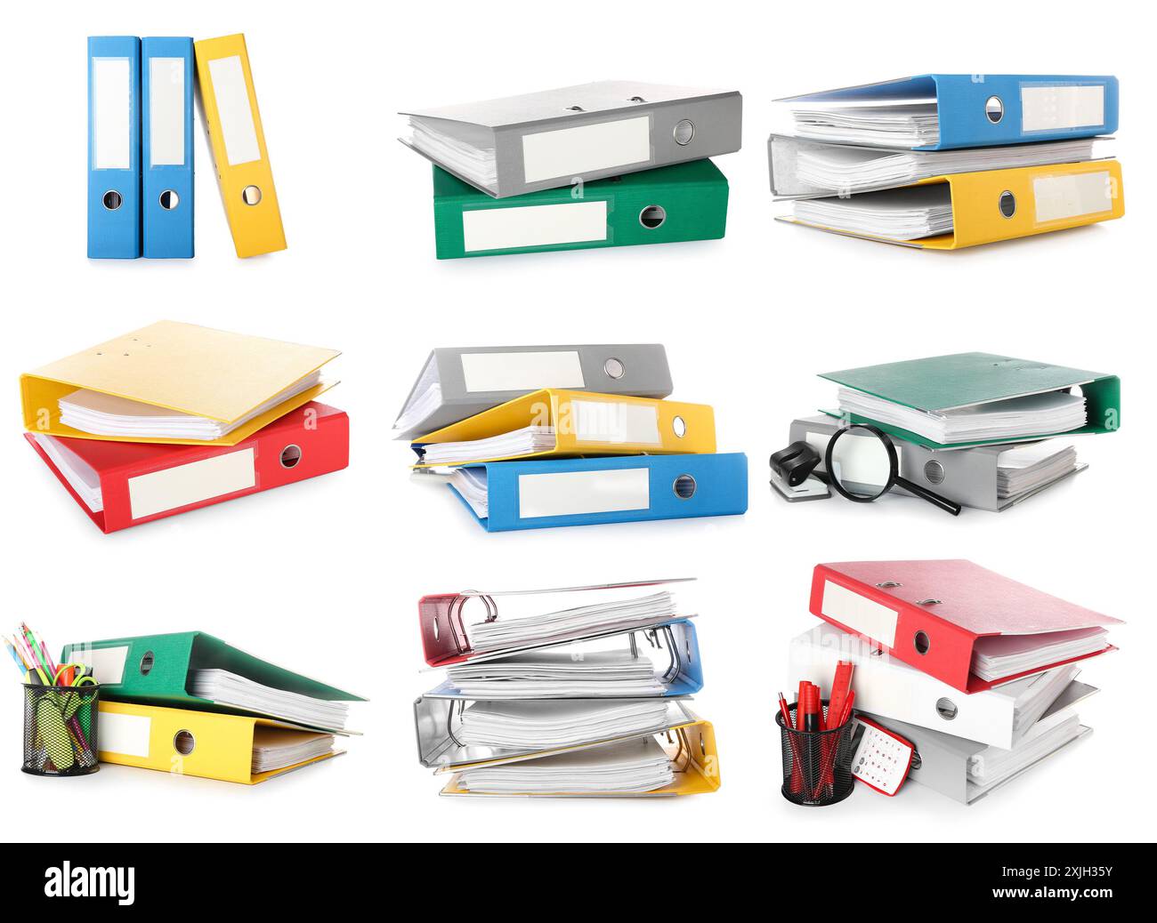 Set of office folders with stationery on white background Stock Photo ...