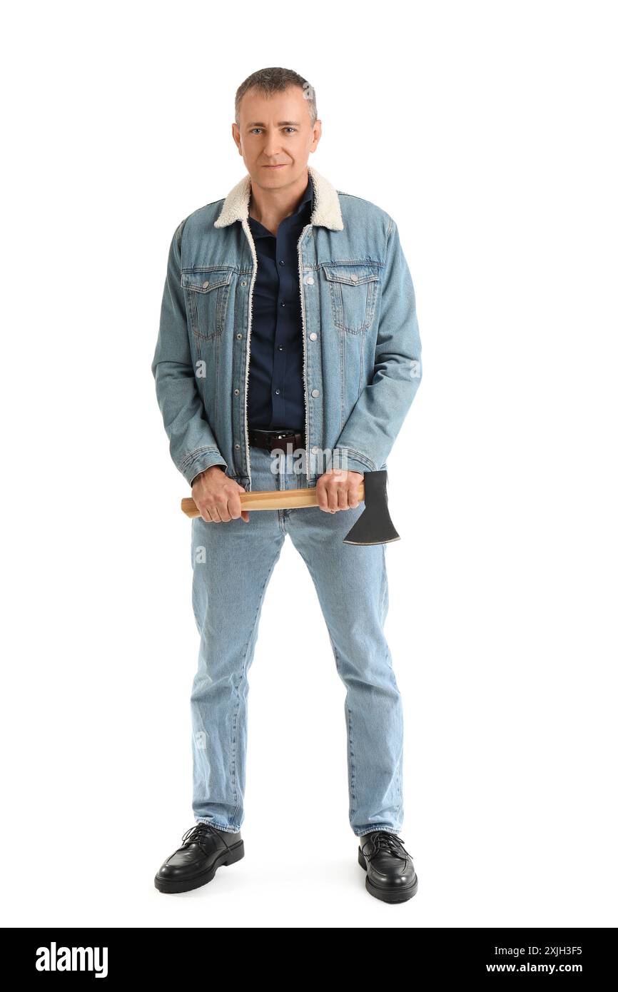 Portrait of adult man with axe on white background Stock Photo - Alamy